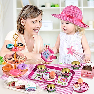 Toylink Kids Tea Party Set for Little Girls Princess Toys 47Pcs Tin Tea Set Food Dessert Playset Carring Box Kitchen Pretend Play Toy for 3 4 5 6 Years Toddler Girls Birthday Gift