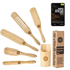 Spurtle Set Bamboo Spurtles Kitchen Tools - Spurtle Wooden cooking Utensils set - Nonstick wooden Cooking Utensils- Wooden Spurtle Set 5 spatula with Utensil holder-Stir, Scrape, Smash.
