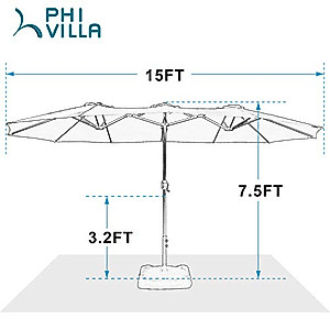 PHI VILLA 15ft Large Patio Umbrella with Solar Lights, Double-Sided Outdoor Market Rectangle Umbrellas with 36 LED Lights, Base (Stand) Included, Beige