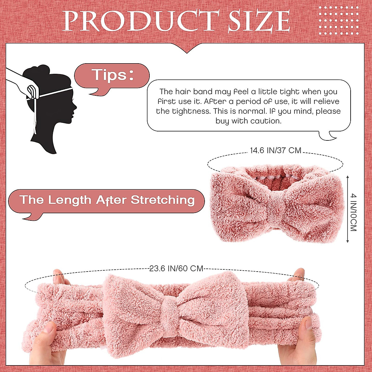 Yunlly 20 Pcs Spa Headband for Women 4 Inches Width Facial Makeup Hair Band Bulk Skincare Headbands for Washing Face Bowtie Headband Slumber Party Supplies Fluffy Head Wraps(Rose Pink)
