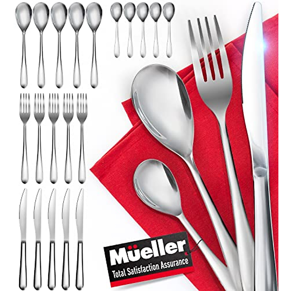 Mueller Flatware Set, 20-Piece Stainless Steel Silverware Set, Elegant Cutlery Set Service for 5 - Spoon, Knife, Fork, Teaspoon, Dishwasher Safe, Ergonomic Shape