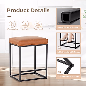 MAISON ARTS Counter Height Bar Stools Set of 3 for Kitchen Counter 24 Inch Backless Modern Barstools Industrial Upholstered Faux Leather Stools Farmhouse Island Chairs, Brown