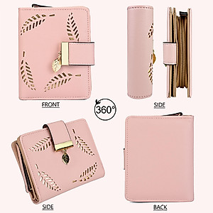 VODIU Women's Short Purse Leather Medium Wallet Leaf Bifold Card Coin Holder Small Purses Buckle Zipper Clutch