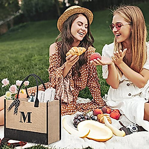 BeeGreen Birthday Gifts for Women Initial Jute Tote Bag for Friends Mother Bride Bridesmaid Teacher Appreciation Gifts Bag Beach Tote Bag with Handles Embroidery Large Personalized Gifts for Wedding M