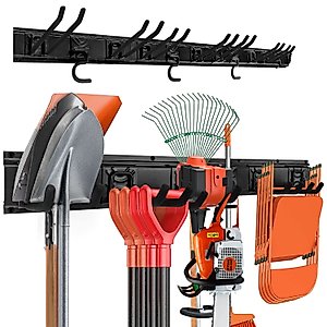 Garden Tool Rack Set, Garage Wall Organization Hanger with 3 Mop Holder and 6 Multi-Purpose Hooks, Garden Yard Shovels Rakes for String Hedge Trimmer Brooms Hoses Folding Chairs ladders, and More