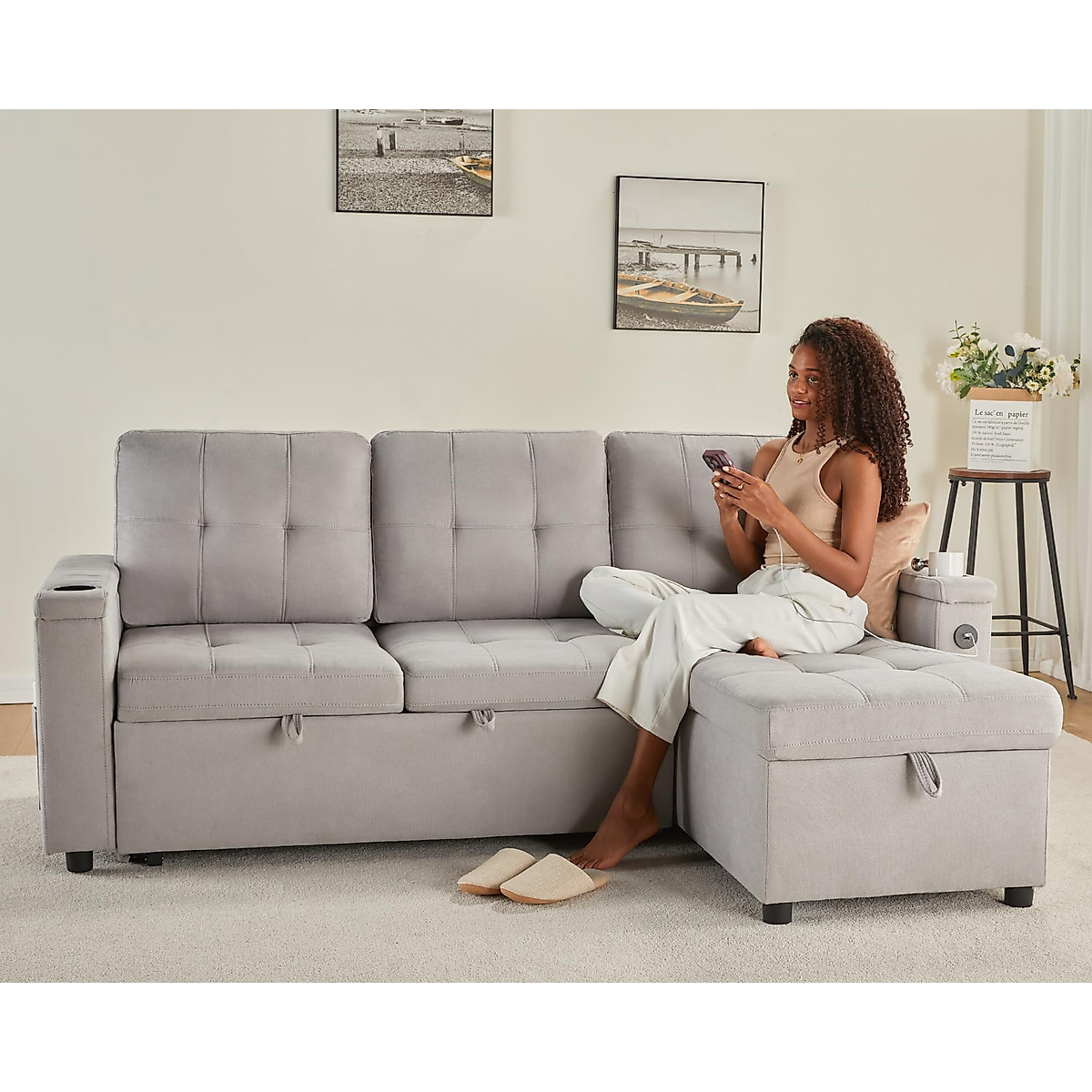 VanAcc Sofa Bed, Modern Tufted Convertible Sleeper Sofa, USB Charging Ports & Cup Holders, Pull Out Couch Bed with Storage Chaise, Chenille Couches for Living Room (Light Grey), 84in x 52in x 36in