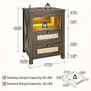 FREDEES Rustic Nightstand with Gun Drawer, End Table with Charging Station, LED Bedside Table with Human Sensor Light, Rattan Night Stand for Bedroom, Brown