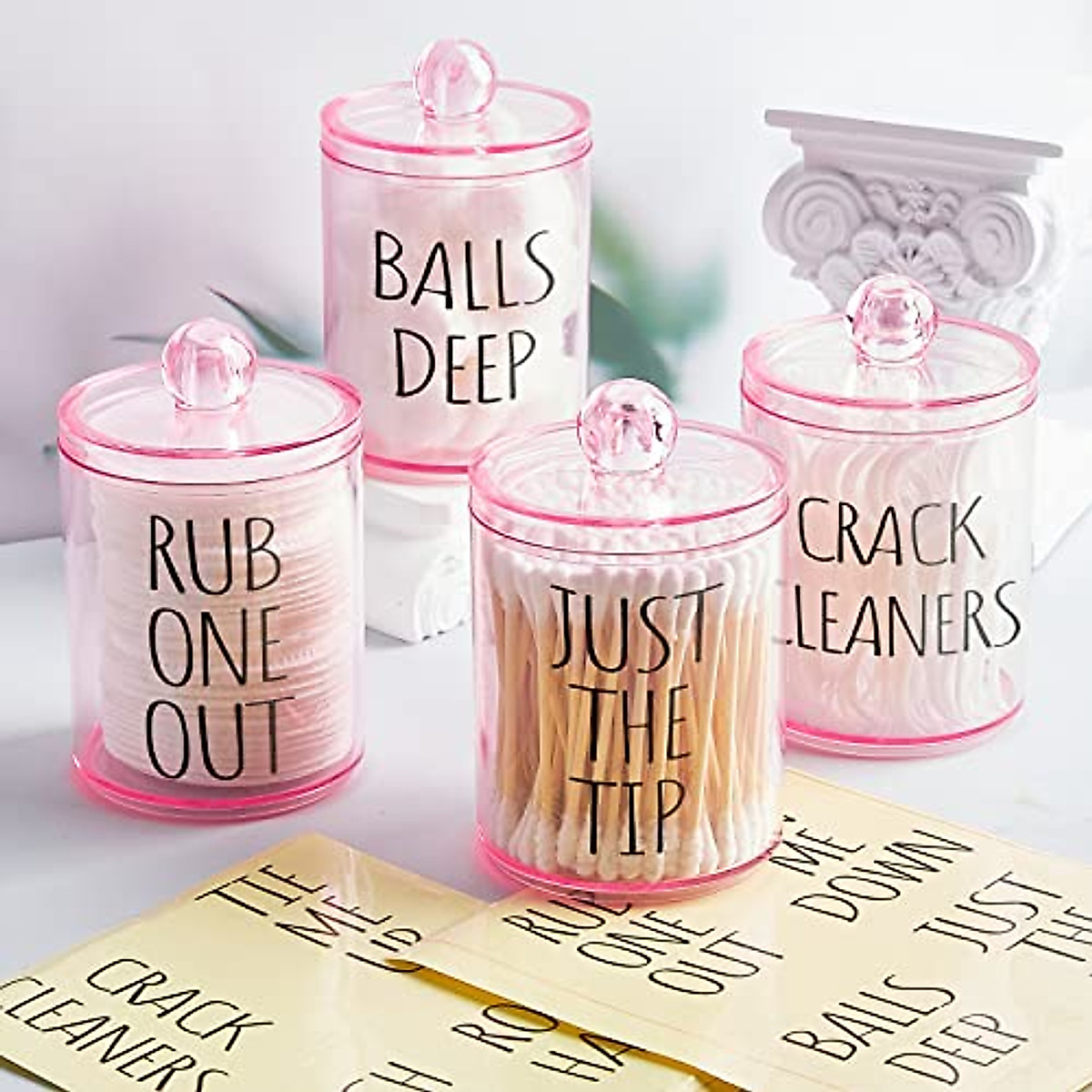 4 Pack Qtip Holder Dispenser with Lids and Labels - 10 oz Apothecary Jars Bathroom Vanity Canister Organizer for Cotton Balls, Pads, Swabs, Floss (Pink)