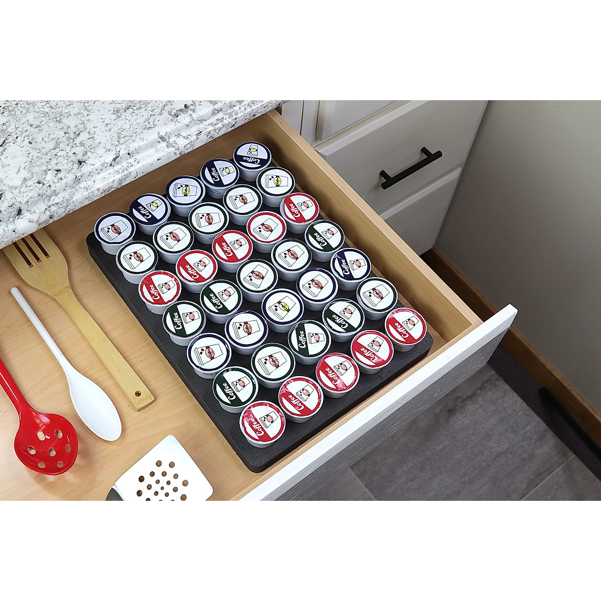 Polar Whale Coffee Pod Storage Organizer Tray Drawer Insert for Kitchen Home Office Waterproof 10.9 x 14.9 Inches Holds 35 Compatible with Keurig K-Cup Durable Dark Gray Foam Made In The USA