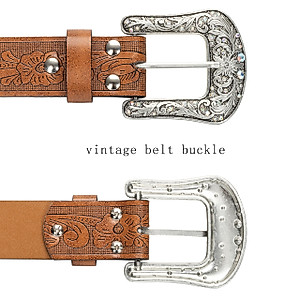 Eohak Western-Belt-for-Women-Cowgirl, PU-Leather-Waist-Belts with Vintage-Carved-Buckle and Tips-Ends for Jean Dress