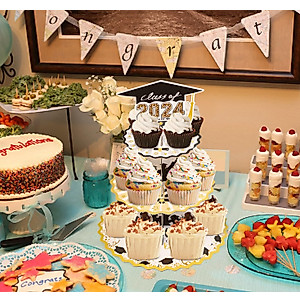 Set of 2 Graduation Cupcake Stand for 50 Cupcakes Black Gold Graduation Cap Decorations Cardboard Cake Dessert Holder Tower for Class of 2024 Congrats Grad Party Supplies