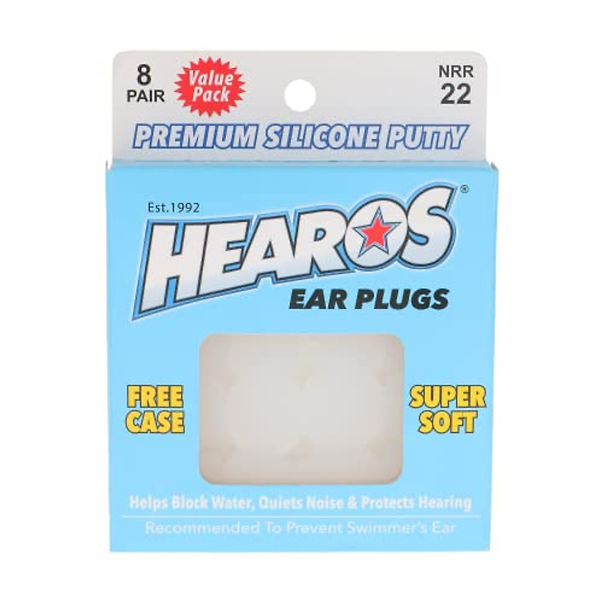Hearos 5068 Moldable Silicone Waterproof Swimming Earplug, NRR 22, Pairs, Pack of 8