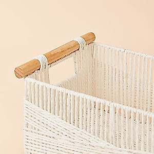 LA JOLIE MUSE Wicker Storage Baskets for Organizing, Recyclable Paper Rope Basket with Wood Handles, Decorative Hand Woven Basket Organizers for Makeup Books Shelves Living Room, White, Set of 2