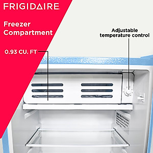 Frigidaire Retro Compact Fridge with Chiller, 3.2 cu ft Countertop Fridge with Built-In Bottle Opener, Compact Refrigerator for Office, Bedroom, Dorm Room or Cabin - 16.5" D x 19" W x 31" H (Blue)