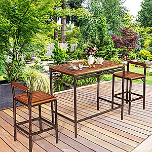 HAPPYGRILL 3-Pieces Outdoor Wicker Rattan Bar Set, Acacia Wood Patio Dining Furniture Set with 2 Chairs for Poolside Backyard Patio Balcony