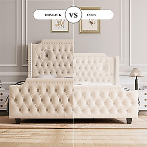 HOSTACK King Size Platform Bed Frame with 54" Tall Wingback Headboard & Deep Button Tufted Footboard, Velvet Upholstered Bed Frame with Handmade Pleats, Nailhead Trim, No Box Spring Needed, Cream