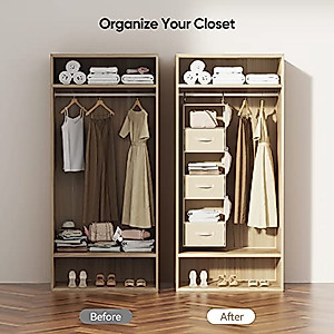 Pipishell Hanging Closet Organizer 6-Shelf, Hanging Shelves for Closet with 3 Removable Drawers & Side Pockets, Hanging Shelf Organizer for Bedroom or Garment Rack, 12'' x 12'' x 43.3'', Beige