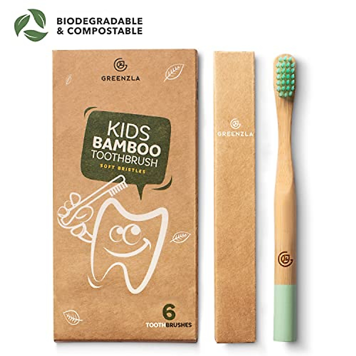 GREENZLA Kids Bamboo Toothbrushes (6 Pack) BPA Free Soft Bristles Eco-Friendly, Natural Toothbrush Set Biodegradable & Compostable Charcoal Wooden