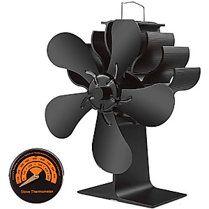 Slivek 5-Blades Fireplace Stove Fan, Silent Motors Heat Powered Wood Stove Fan Non-Electric with Thermometer for Wood Burning Stove, Pellet, Log Burner