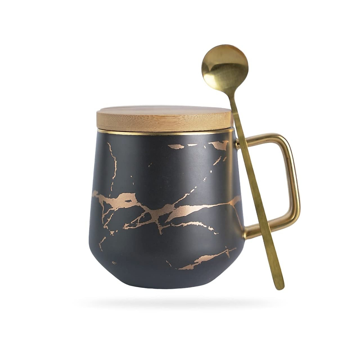 Classic Ceramic Kintsugi Style Black Coffee Tea Mug with Gold Inlay, Spoon and Bamboo Lid- 12 OZ, Large Mugs for Men and Women, Unique Design, Perfect Novelty Gift- Dishwasher Safe