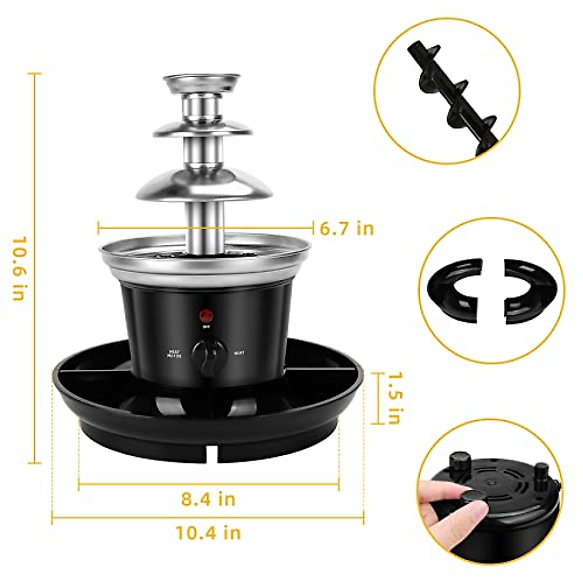 Micnaron 3 Tiers Chocolate Fountain Chocolate Fondue FountainElectric Melting Chocolate Machine Mini Hot Chocolate Fondue Pot Stainless Steel Heated Basin Chocolate Fountain With Fruit & Nut Plate For Nacho Cheese, BBQ Sauce, Ranch, Liqueurs（Black）