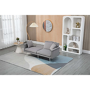 TMEOSK Convertible Futon Sleeper Sofa Bed with 2 Pillows and Armrest, Mid Century Modern Velvet Loveseat Adjustable Couch for Living Room Office Compact Small Space (Gray)