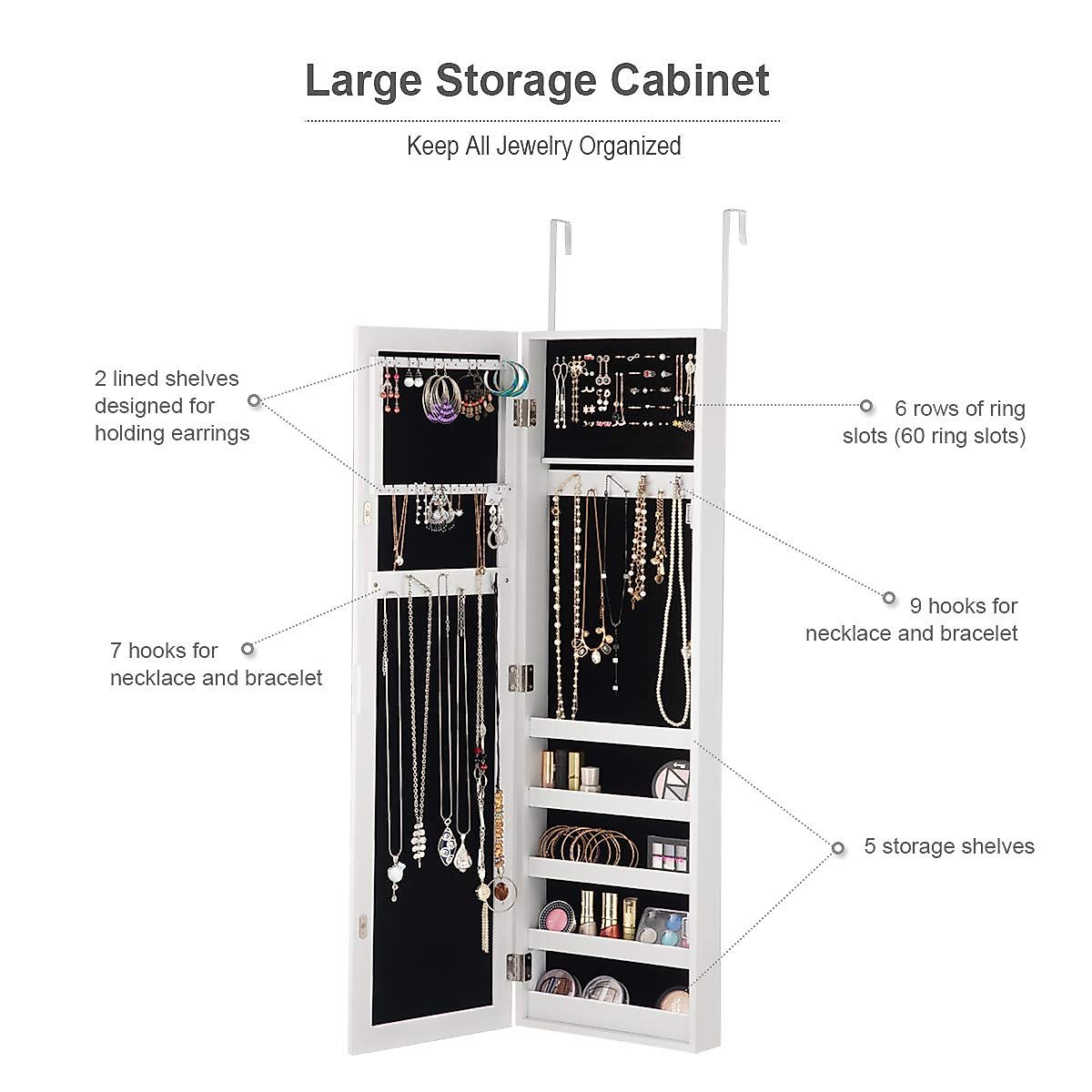 Giantex Jewelry Cabinet Armoire Door Wall Mounted, Full Length Mirror and 5 Storage Shelves for Display Bracelets Rings Cosmetics Hanging Organizer, Mirrored Storage Jewelry Cabinets