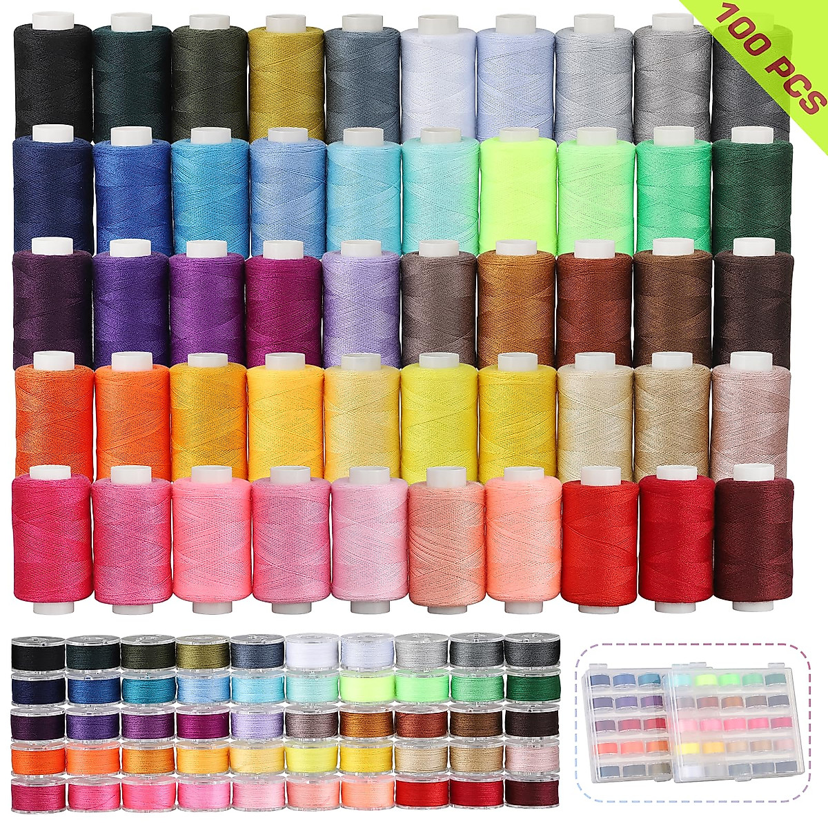 Blibly 100pcs Bobbins Sewing Threads Kit, 500 Yard Polyester Threads, Prewound Bobbins with Case, 50 Colors