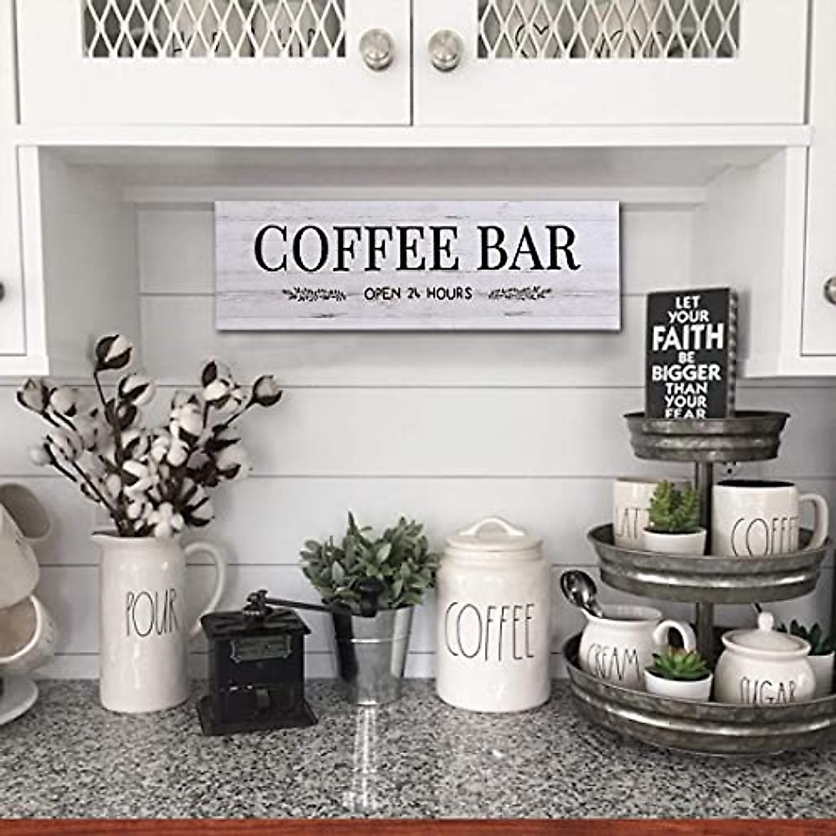 Coffee Bar Signs Docer with Grey Wood Grain, Canvas Coffee Wall Art Rustic Home Decor Coffee Bar Accessories Set for Home Bar Kitchen Living Room Pub Store Room Wall Decor 6"x 18"