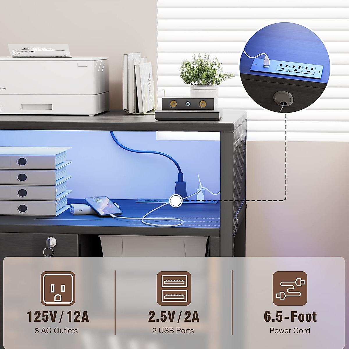 Unikito File Cabinet with LED Lights, Lateral Filing Cabinet with Power Outlets and USB Charging Ports, Mobile Printer Stand with Storage, Office Cabinet for Letter, A4, Legal and File Folders, Black