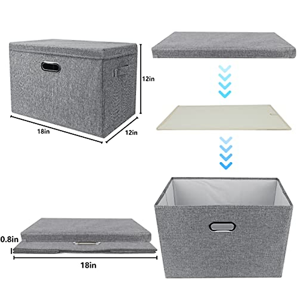 DAYARD Foldable Storage Boxes with Lids Linen Fabric Stackable Storage Bins Organizer Containers Baskets Cube with Cover for Closet Office Nursery, Grey Large (18 x 12 x 12)