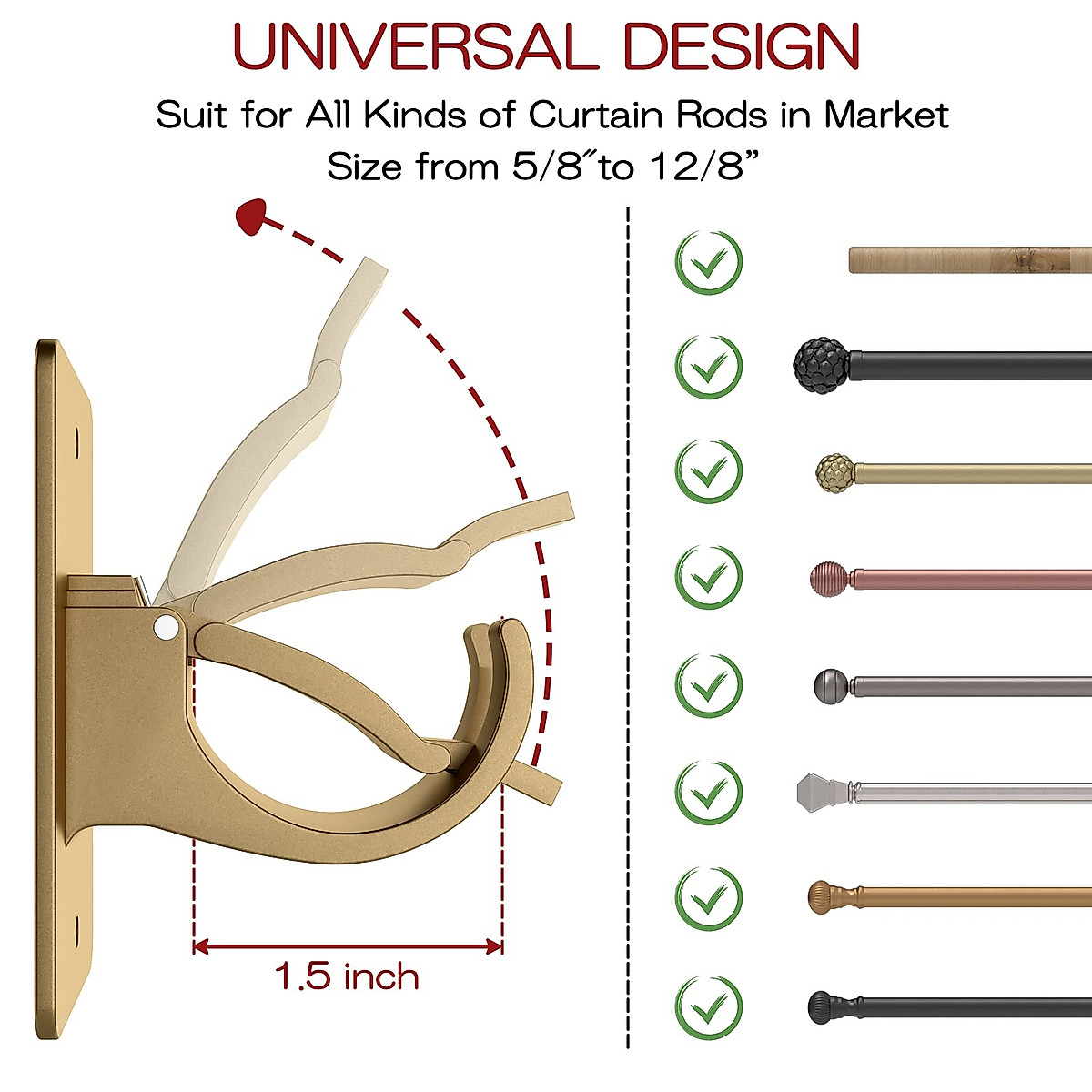 CIEMGNZOC 4PCS No Drill Curtain Rod Brackets, Gold Plastic, Self-Adhesive & Screw Mount, Holds Up To 20 Pounds, Suitable For Rods Up To 1.57 Inch Diameter