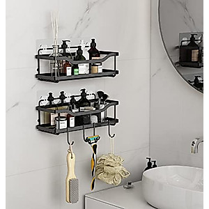 TESOT Shower Caddy, Adhesive Shower Shelf, No Drilling Shower Organizer, Rust Proof Stainless Steel Shower Rack with Hooks for Bathroom Storage, 2 Pack, Black