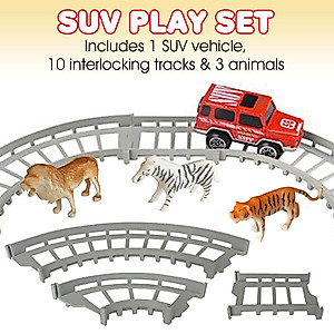 ArtCreativity Battery Operated SUV Playset for Kids, Adventure Play Set with 3 Animal Figurines, 10 Tracks, and SUV Safari Car with Lights and Sounds, Best Car Gifts for Boys and Girls