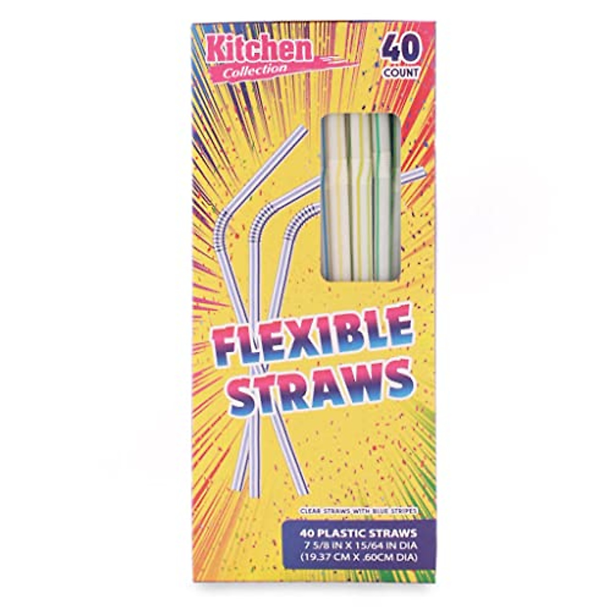 Party Bargains Flexible Drinking Straws 40 Count, Striped Colors, Disposable Plastic Straws, 0.23” diameter 7.63” long, Pack of 1