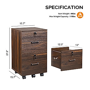 VINGLI 2 Drawer File Cabinet with Lock, Wood Dark Brown File Cabinet for Letter Size File Folders with Tabs, Under Desk Rolling File Cabinets for Home Office, Mobile Filing Cabinet Printer Stand