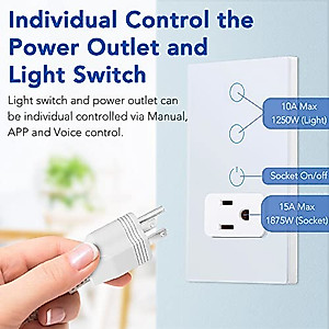 KEYGMA Combination Smart Touch Light Switch and Smart WiFi Power Wall Outlet, Tuya APP Smart Life, 15A /90-250V AC 60Hz, Combo Style, White