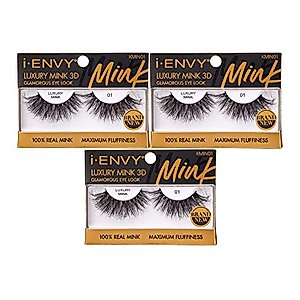 i-ENVY Luxury Mink Collection False Eyelashes 100% Real Mink Glamorous Eye Look Lashes Maximum Fluffiness 3D Multi-Curl Angle (3 Pack)