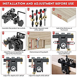 Hizmivos 3-in-1 Dowel Jig Kit,8/15mm Drill Template Dowel Hole Guide for Woodworking Straight Holes,Adjustable Doweling Jig Kit Tool with Positioning Clip Adjustable Drilling Guide Puncher Locator