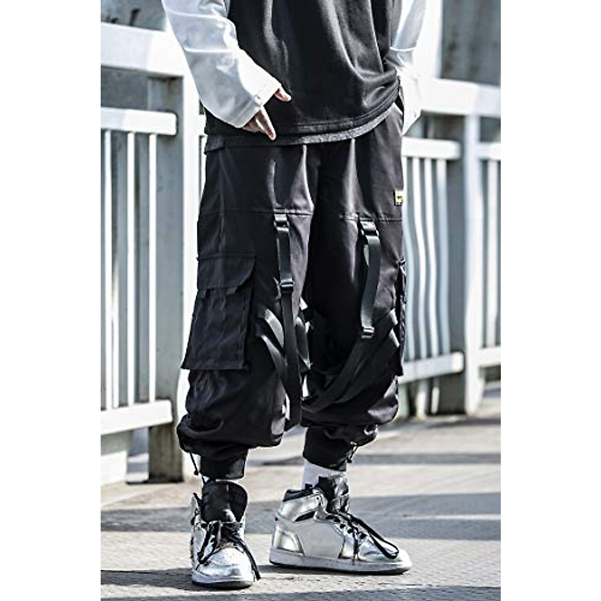 MOKEWEN Men's Multi Straps Cargo Pockets Streetwear Jogger Ankle Ninth Pants with Elastic Waist Drawstring Black W 32-33