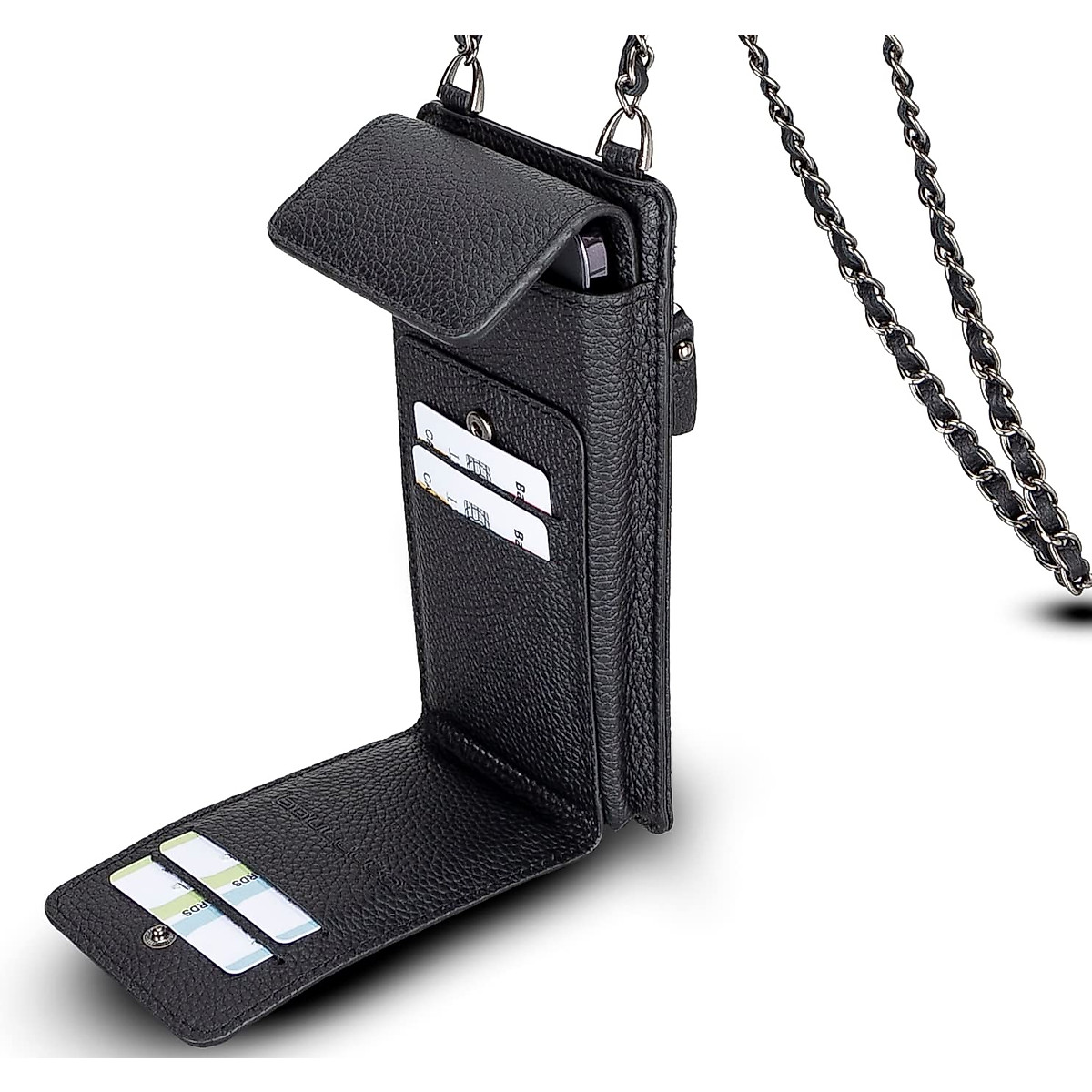 BOULETTA Crossbody Bag Cellphone Purse for Women-Leather Zipper Shoulder Wallet with Phone Pocket and Chain Strap 4 Card Slots Small