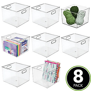 mDesign Small Modern Plastic Storage Organizer Bin Basket with Handles for Craft Room Organization - Shelf, Cubby, Cabinet, and Closet Organizing Decor - 8 Pack - Clear
