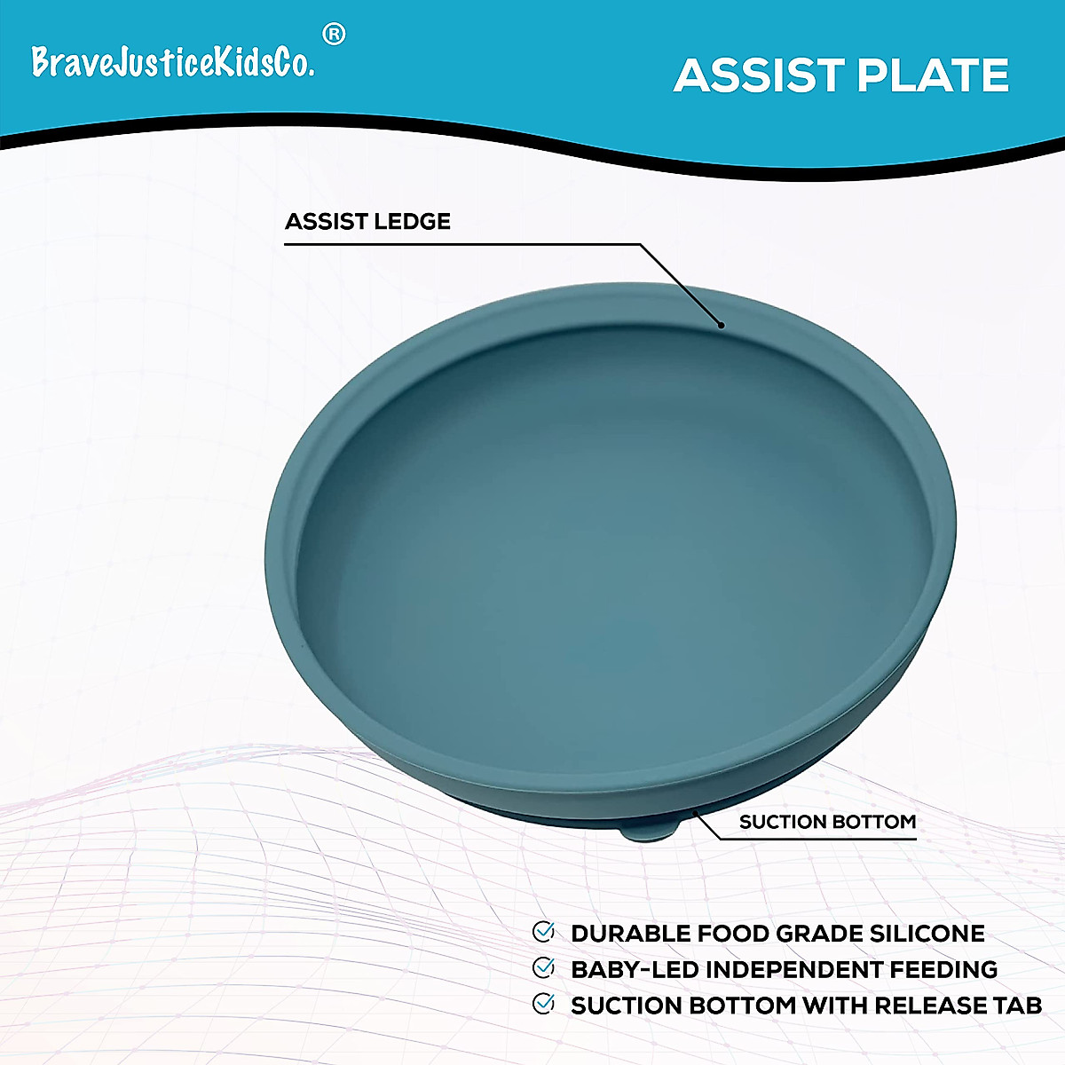 BraveJusticeKidsCo. | Silicone Assist Plate and Assist Bowl Combo Pack for Toddler and Baby | Suction Bowl and Plate| Baby-Led Feeding (Citadel)
