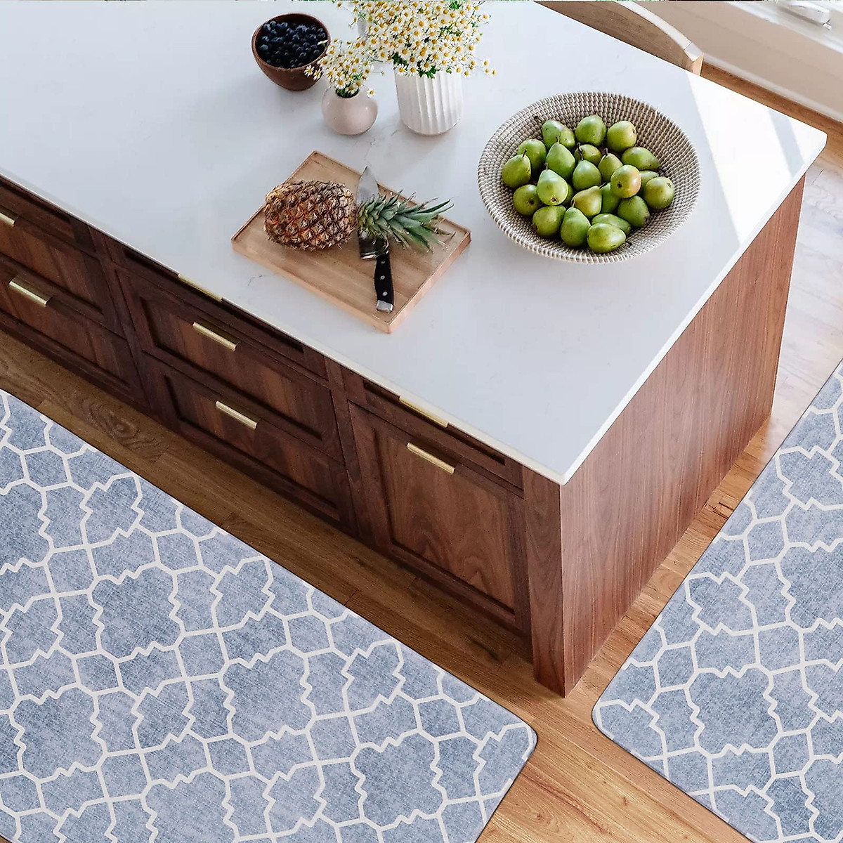 FRESHMINT Kitchen Mat Set of 2, Anti-Fatigue Cushioned Kitchen Mats for Floor, Waterproof Non Slip Comfort Standing Mat, Boho Kitchen Rug for Kitchen Decor, Sink, Office, 17"x30"+17"x47", Lake Blue