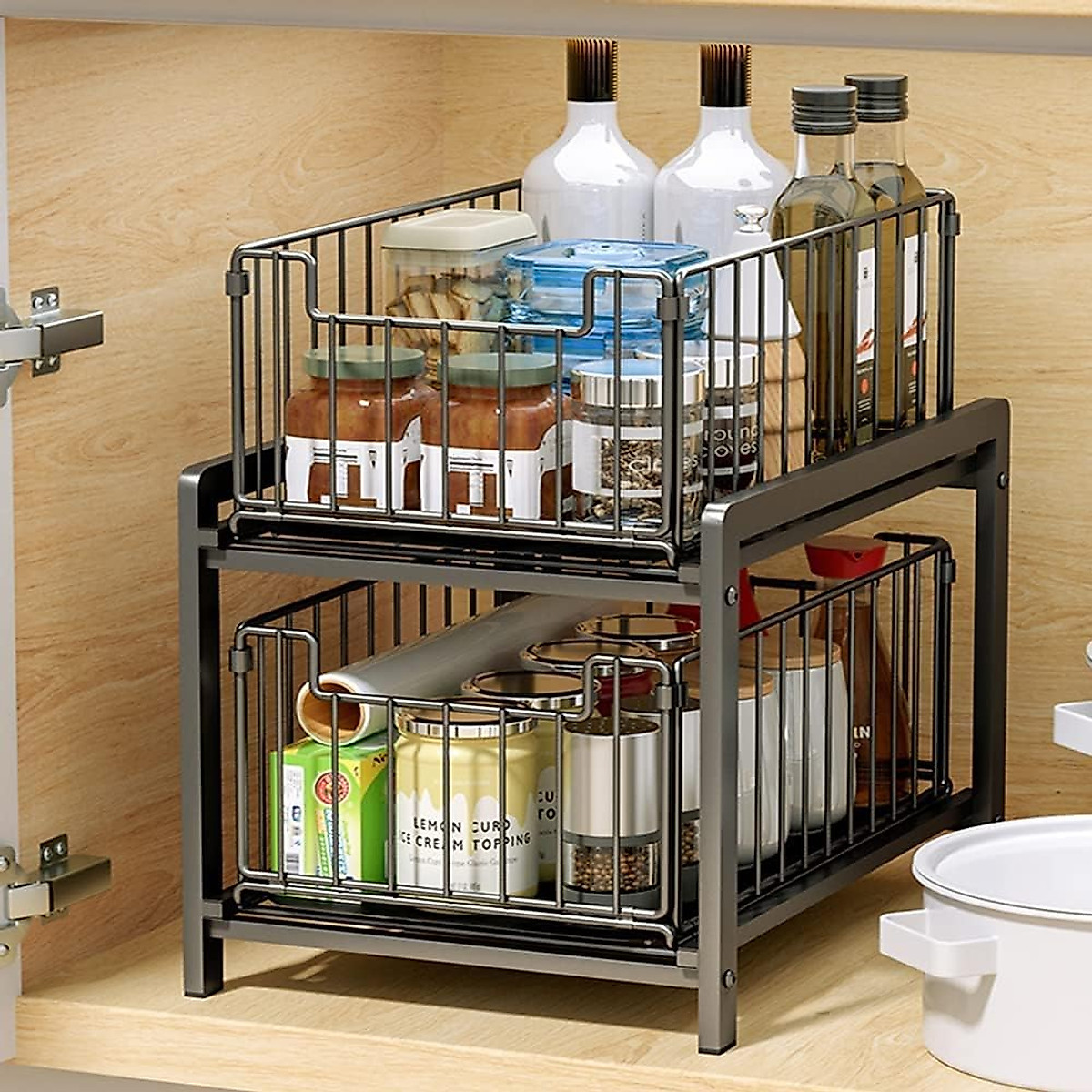 Under Sink Organizer, 2-Tier Cabinet Organizer for Kitchen Bathroom Countertop Organizer with Pull Out Basket Sliding Storage Drawer for Cupboard Cabinet (Black)