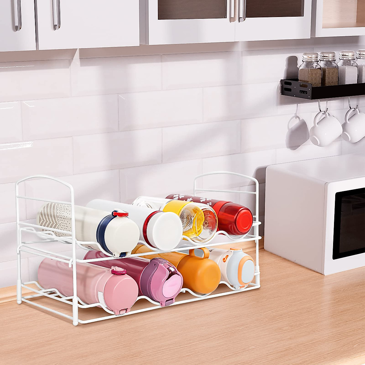 Puricon 1 Pack Water Bottle Organizer for Cabinet, Adjustable Water Bottle Storage Rack for Tumbler Sports Flask Insulated Travel Mug, Water Bottle Shelf Organizer Holder for Kitchen Countertop-White