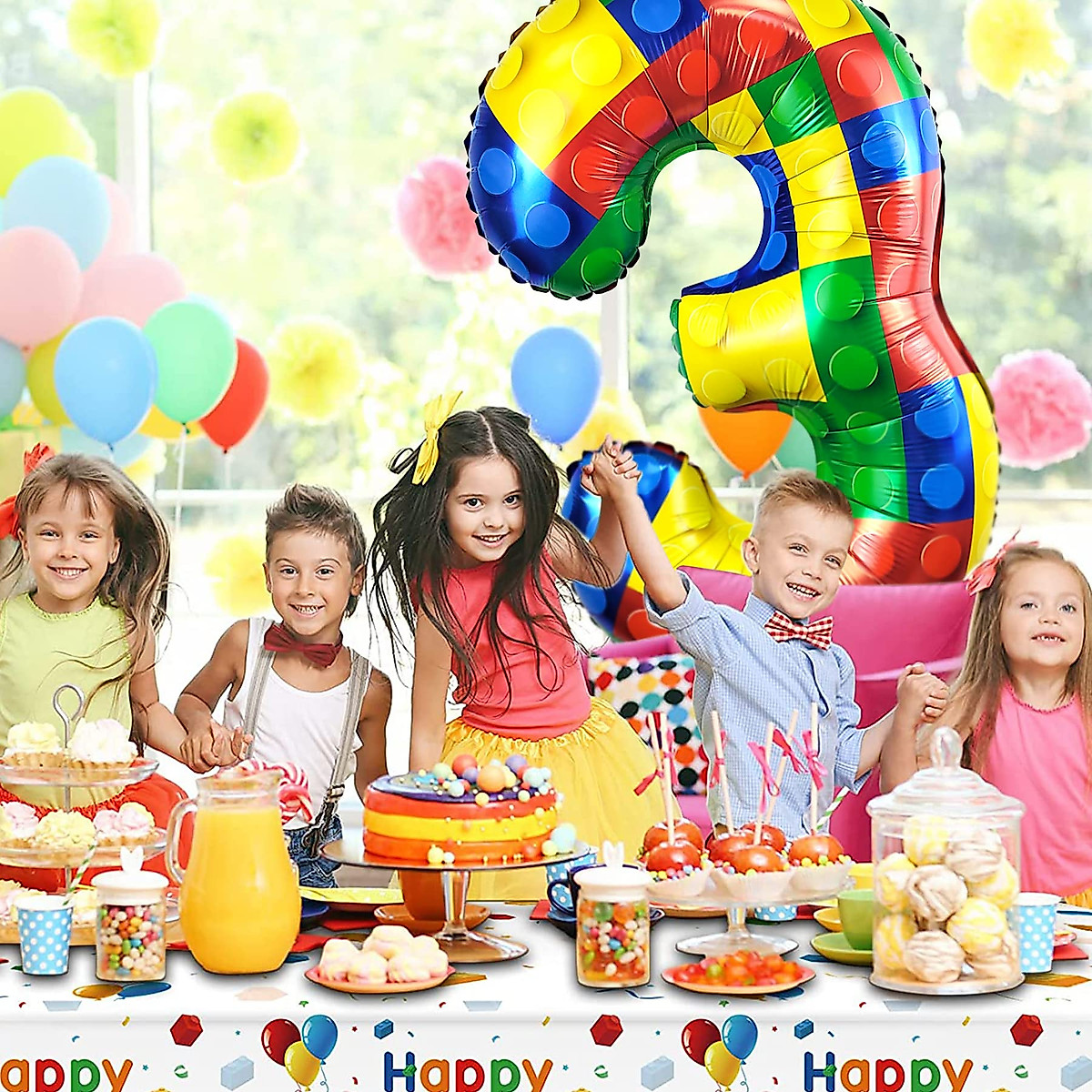 32 Inch Building Block Number 6 Balloons 6 year old Large Big Helium Foil Mylar Balloon for Girls Boys 6th Birthday Party Decoration Supplies