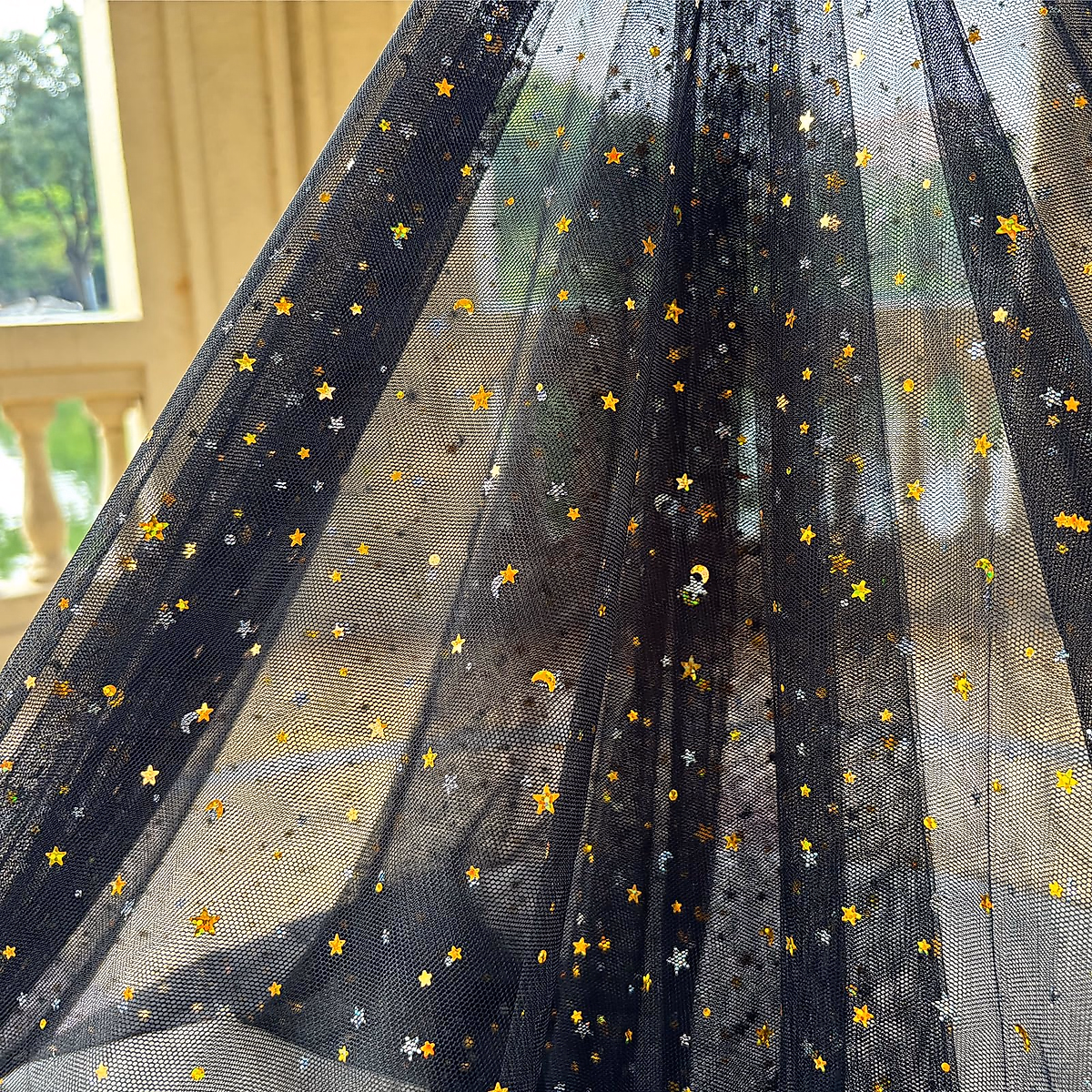 Black Glitter Tulle Fabric Rolls 63 inch by 5 Yards Gold Star Moon Sequin Tulle Netting Fabric for Tutu Skirt Sewing DIY Crafts Wedding Birthday Baby Shower