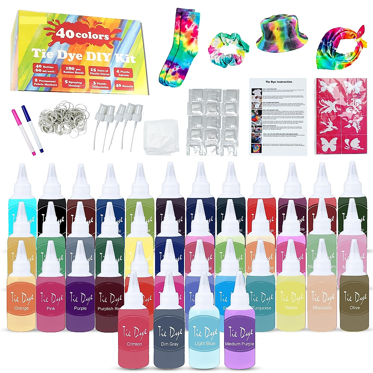 Tie Dye Kit for Kids & Adults - Complete DIY Tie Dye Set w/Tie Dye Powder in Tie Dye Refill Packets -Fun Kids Tie Dye Kit w/Nozzle Spray Tie Dye Kit for Fabric - Dye for Clothing (Pack of 40, 60 ml)