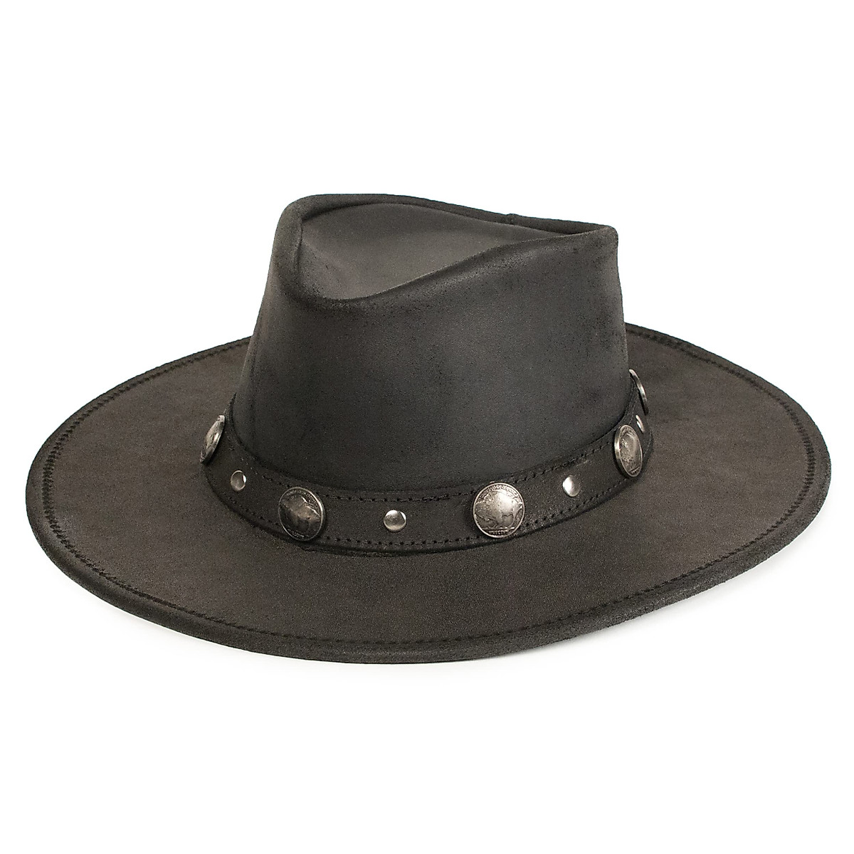 Minnetonka Buffalo Nickel Hat - Wide Brim Hat Featuring Distressed Ruff Leather, Studs and Unique Buffalo Nickel Metal Accents and Hidden Steel Wire in Brim, Black, Medium